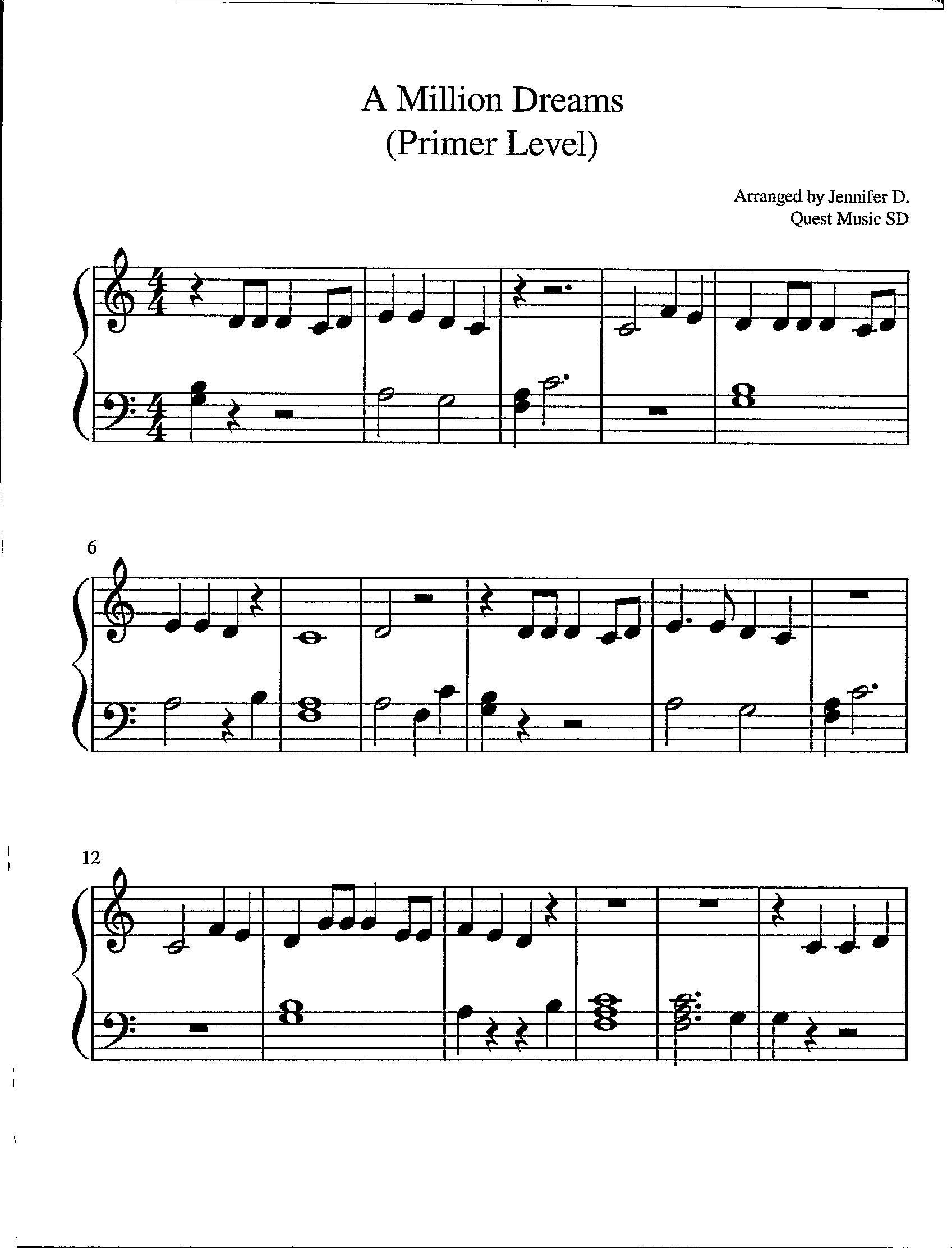A Million Dreams - Digital Easy Primer Level Piano Solo - Key of C - Etsy