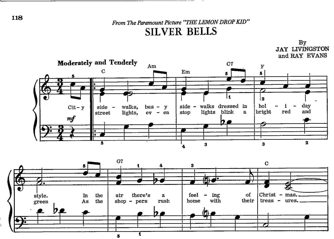 Silver Bells Intermediate Sheet Music Complete Song Piano Vocal Guitar ...