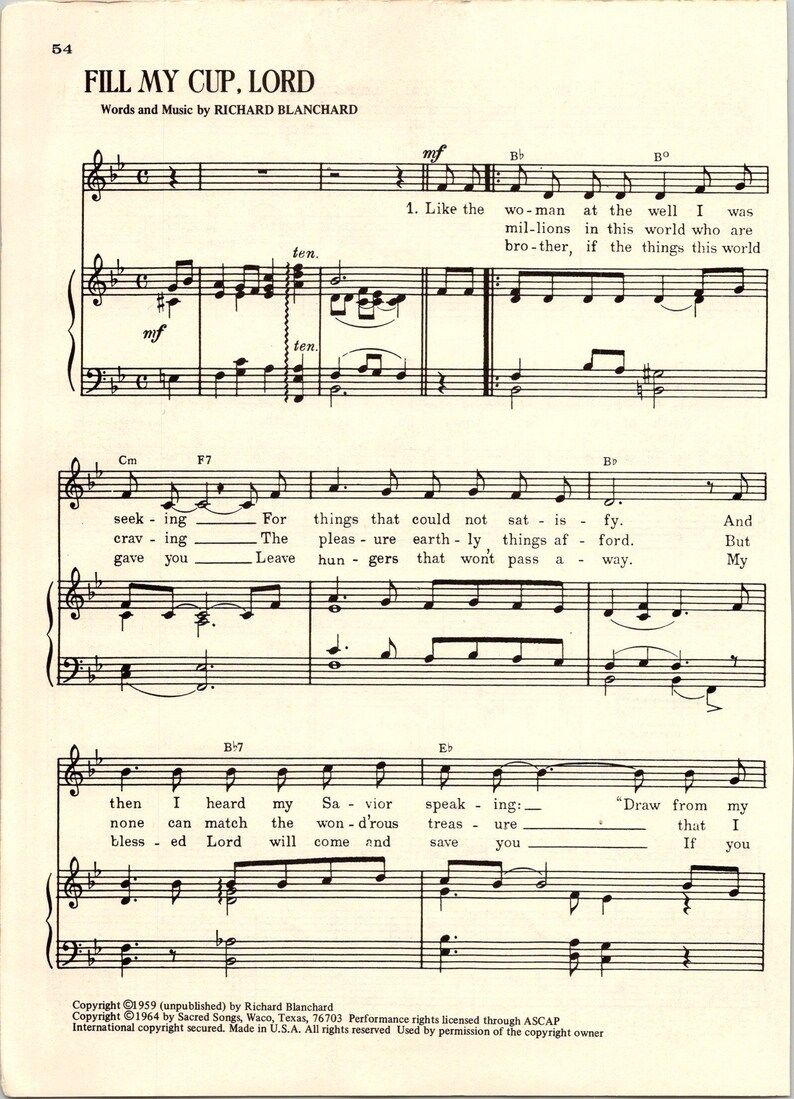 Fill My Cup Lord Sheet Music - Digital Hymn Key of B Flat - Etsy