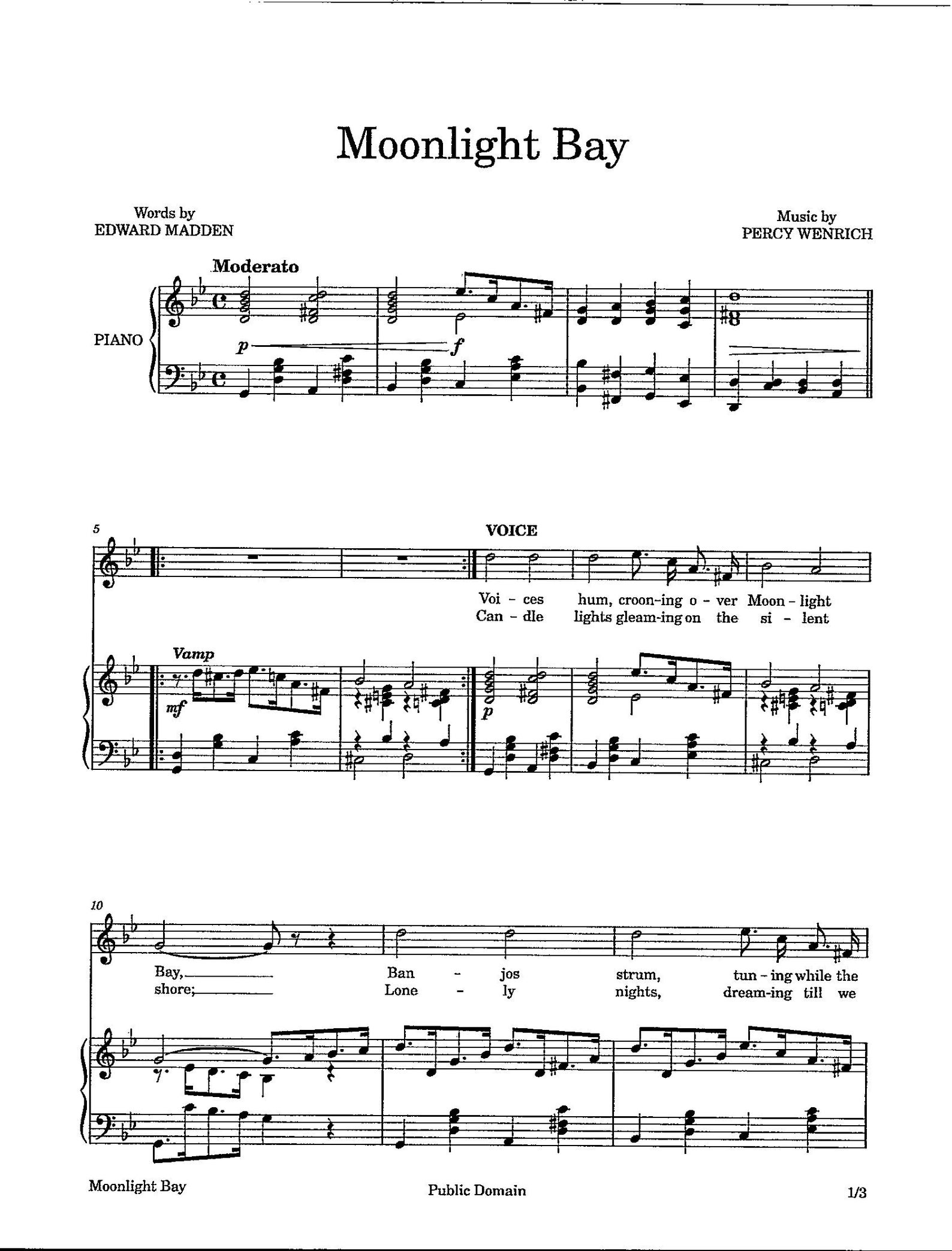 Moonlight Bay - Digital Download Sheet Music for Piano With Lyrics ...