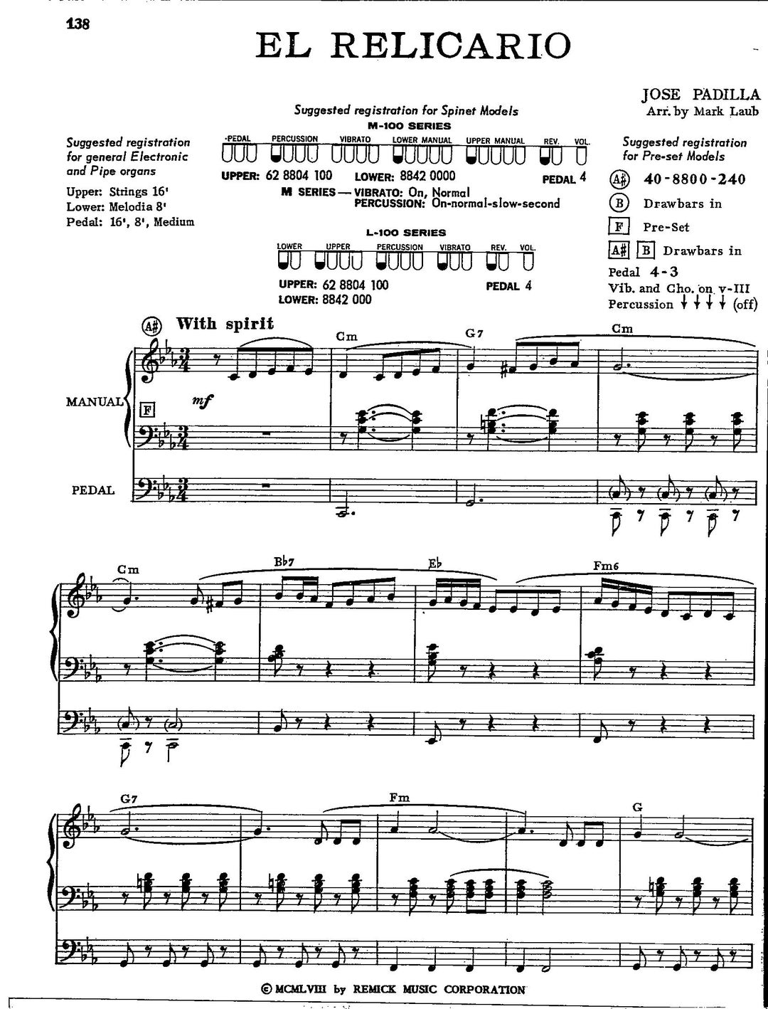 El Relicario - Digital Organ Sheet Music Key of E Flat Intermediate ...