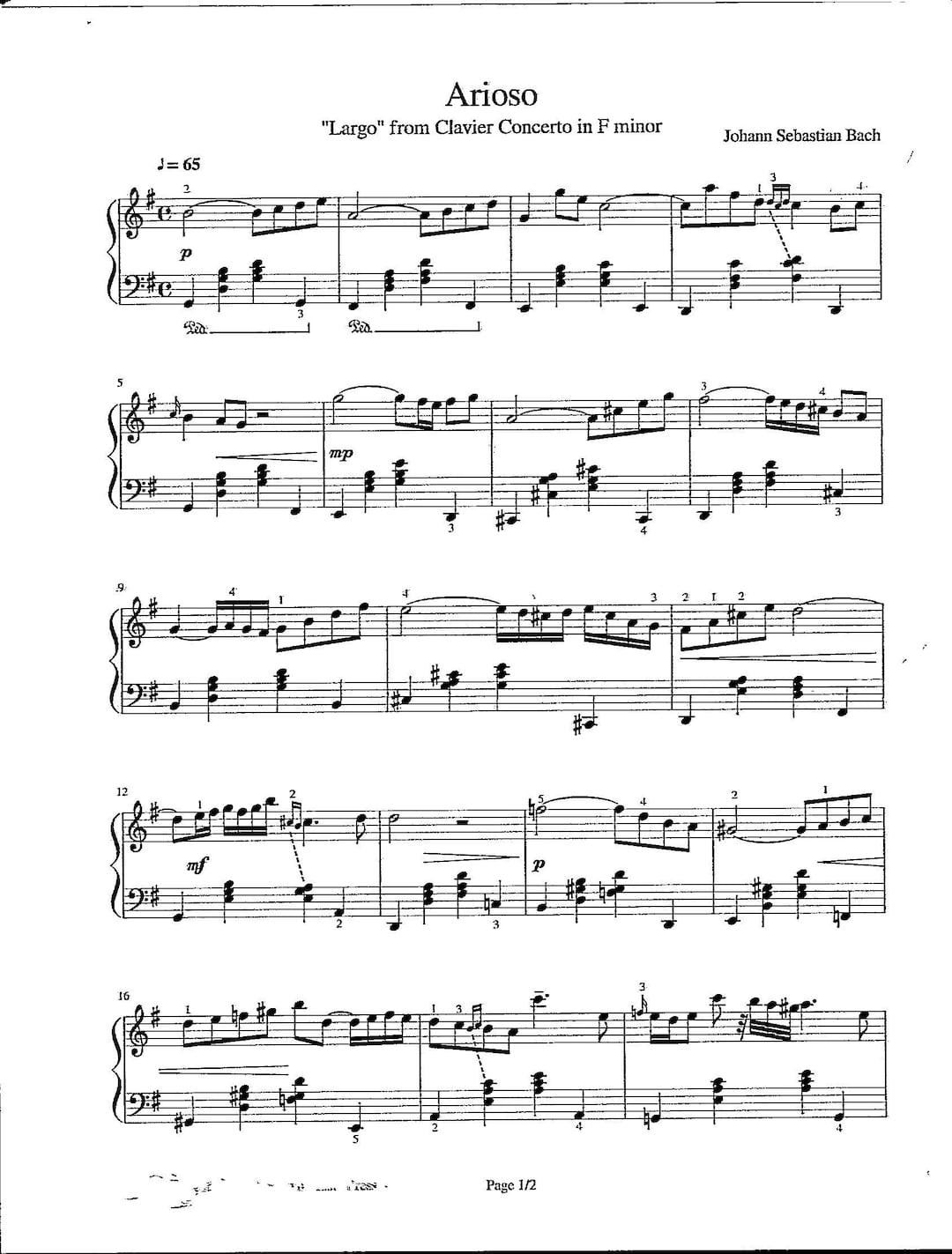 Arioso by Johann Sebastian Bach - Printable Piano Solo - Etsy