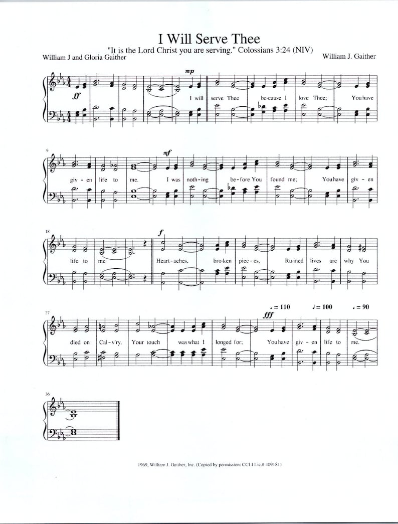 I Will Serve Thee - Digital Hymn Tune With Lyrics by Gaither - Key of E ...