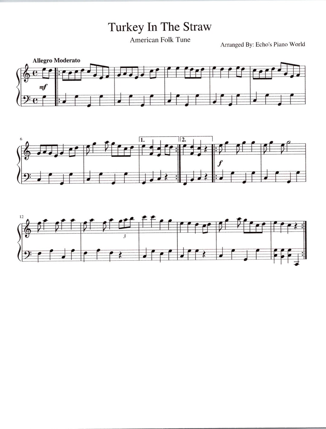 Turkey in the Straw Piano Solo - Digital American Folk Tune - Early ...