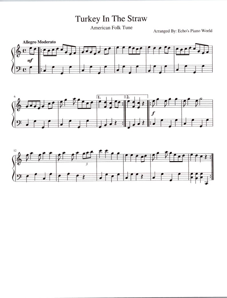 Turkey in the Straw Piano Solo - Digital American Folk Tune - Early ...