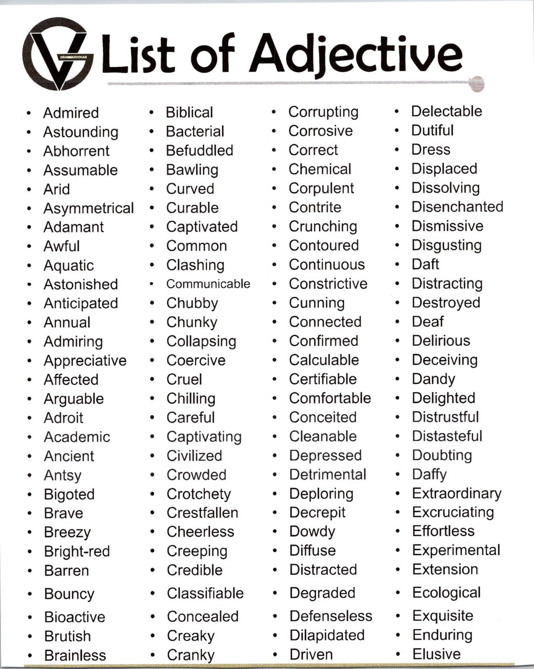 List of Adjectives for Students and Teachers - Intermediate Thru ...