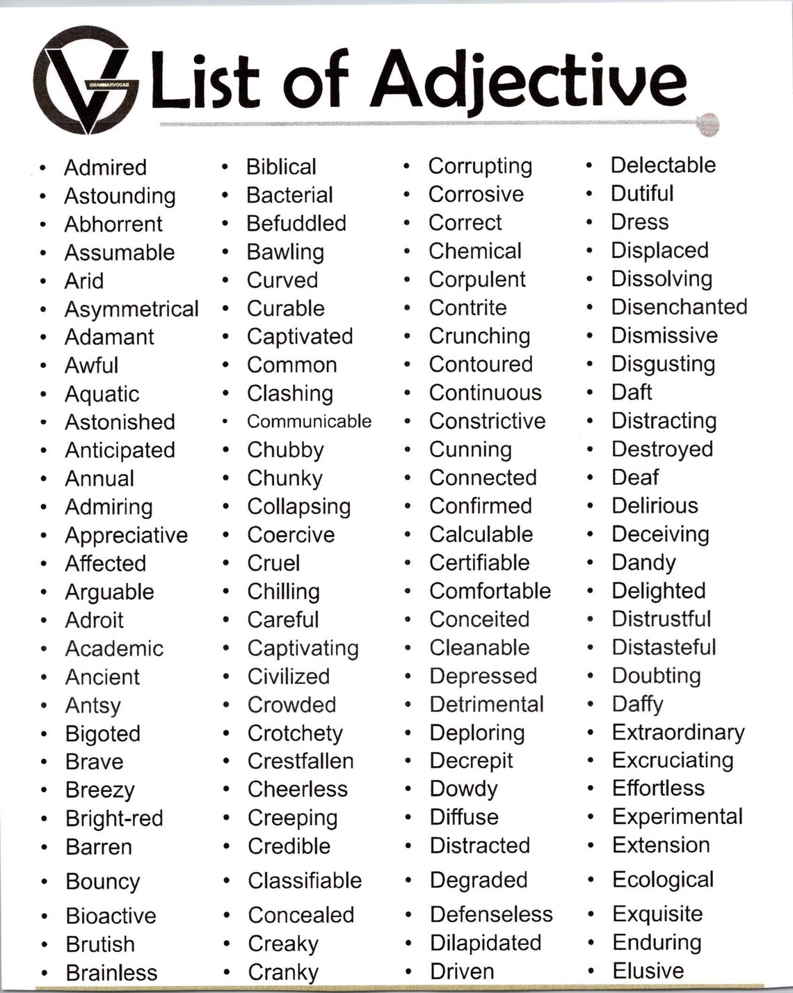 List of Adjectives for Students and Teachers - Intermediate Thru ...
