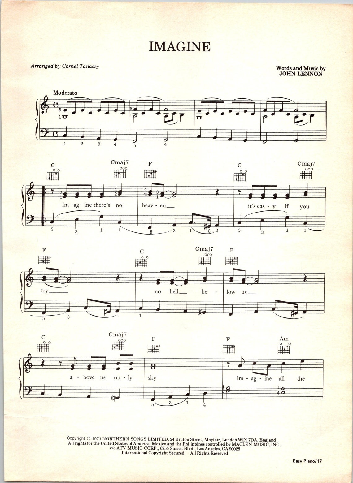 Imagine by John Lennon - Digital Sheet Music Piano Lyrics Chords - Key ...