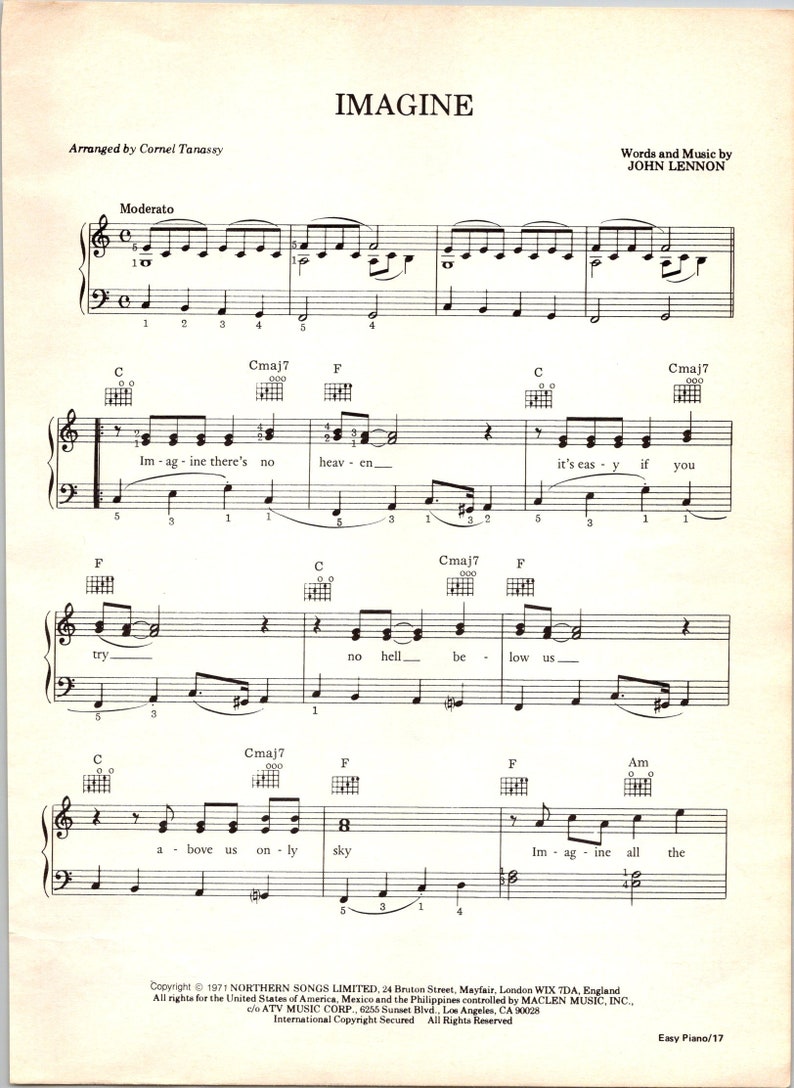 Imagine by John Lennon - Digital Sheet Music Piano Lyrics Chords - Key ...