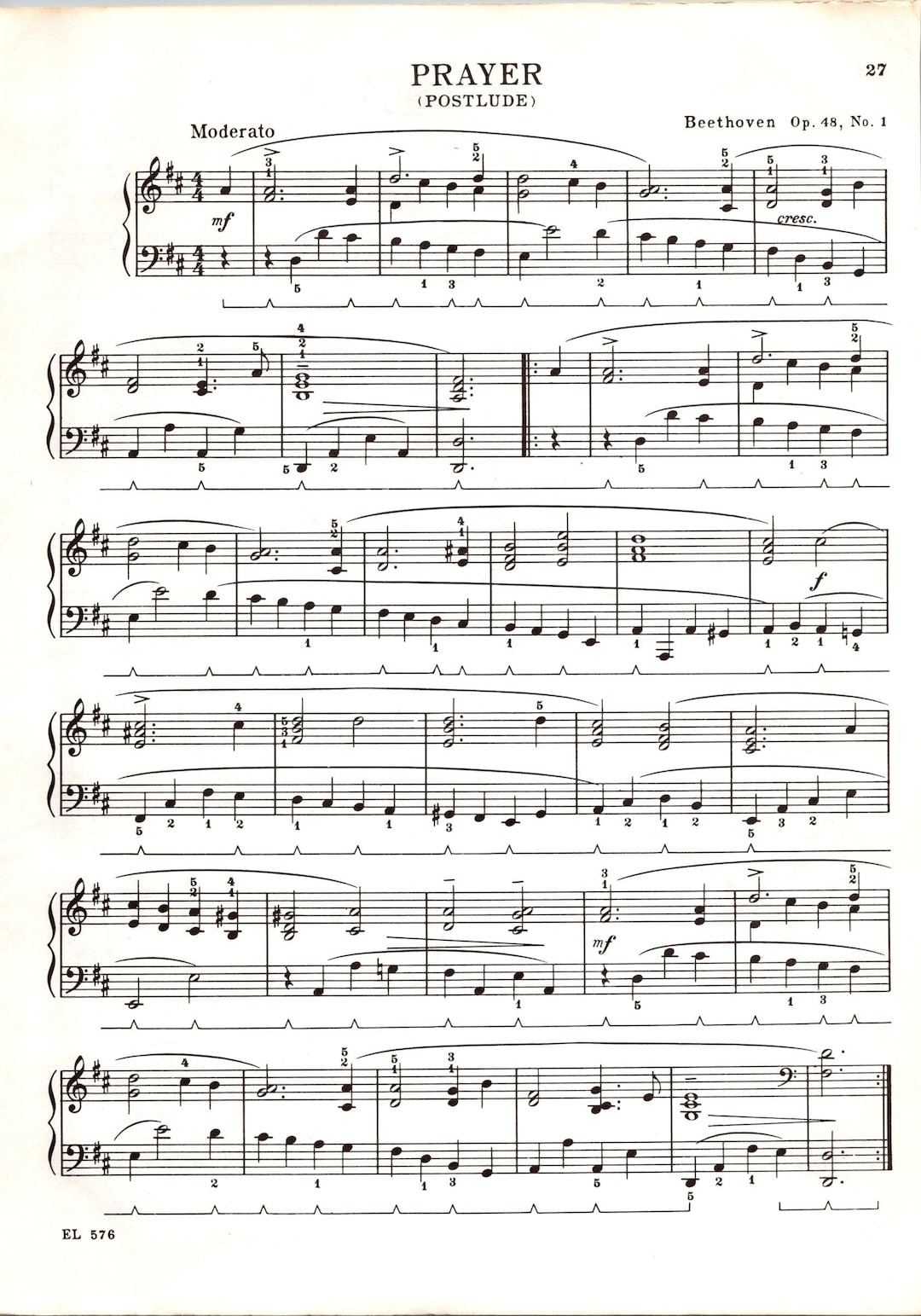 Prayer (postlude) by Beethoven DIGITAL Church Sheet Music for Piano or ...