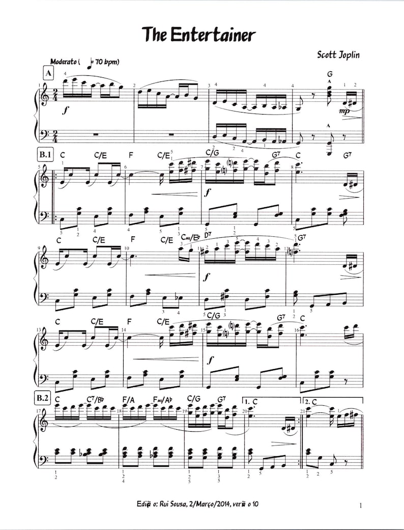 The Entertainer by Scott Joplin - Digital Sheet Music - Key of C - Etsy