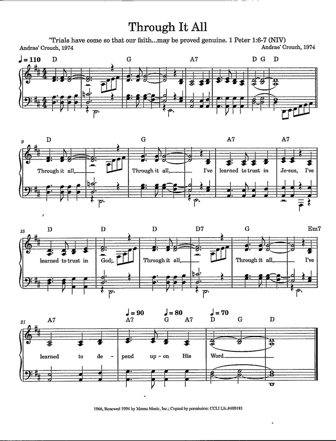 Through It All - Digital Hymn Tune by Andrae Crouch With Lyrics - Key ...