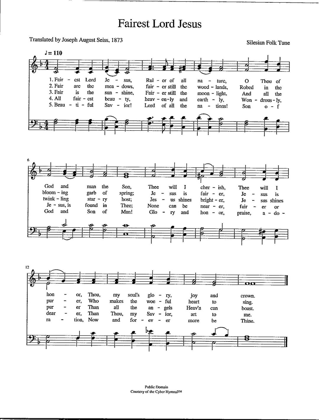 Fairest Lord Jesus Digital Hymn Tune With Lyrics Key Of F Etsy