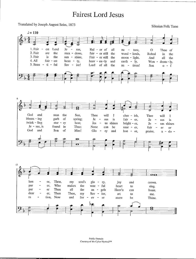 Fairest Lord Jesus - Digital Hymn Tune With Lyrics - Key of F - Etsy
