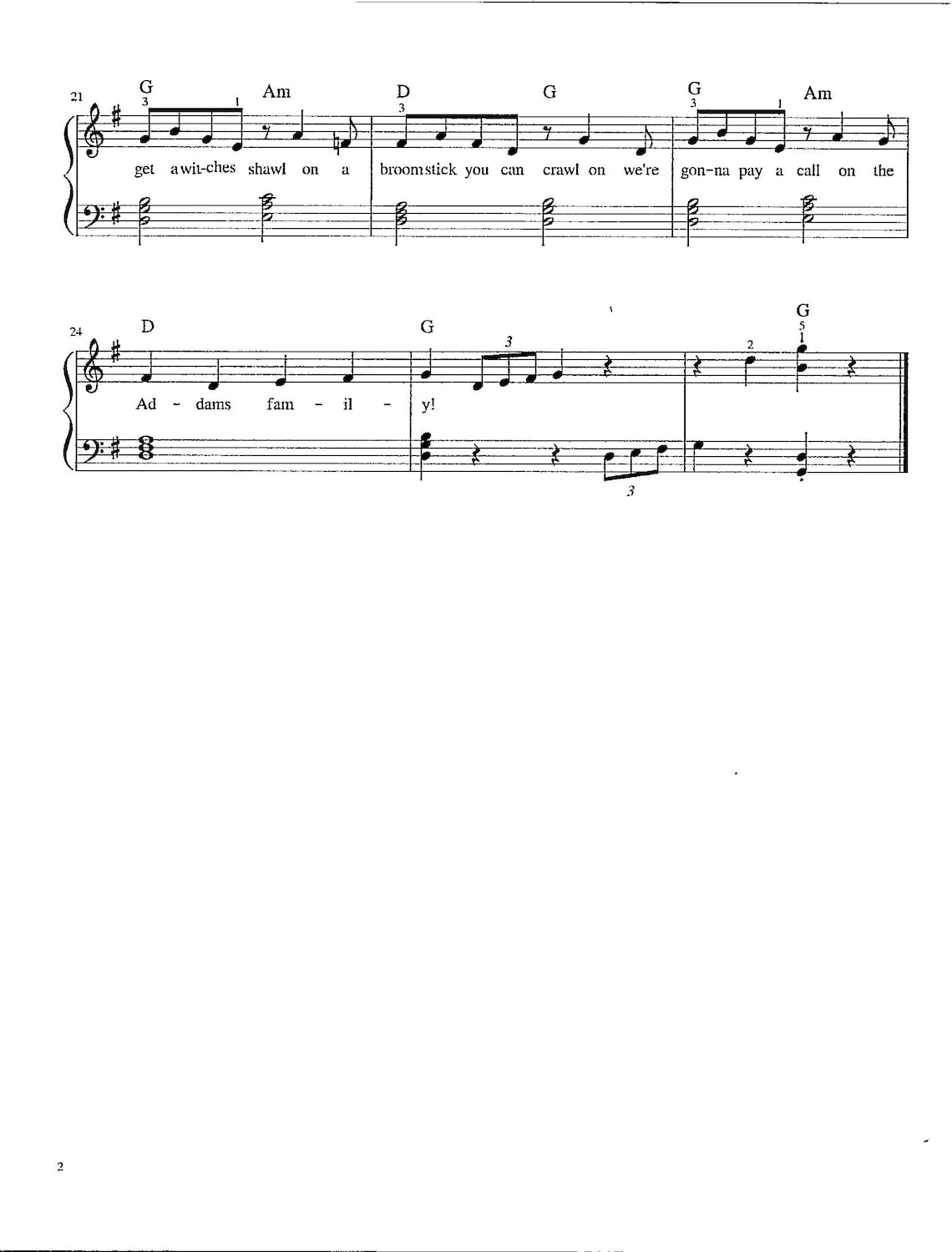 The Addams Family Theme - Digital Piano Sheet Music With Lyrics - Key ...