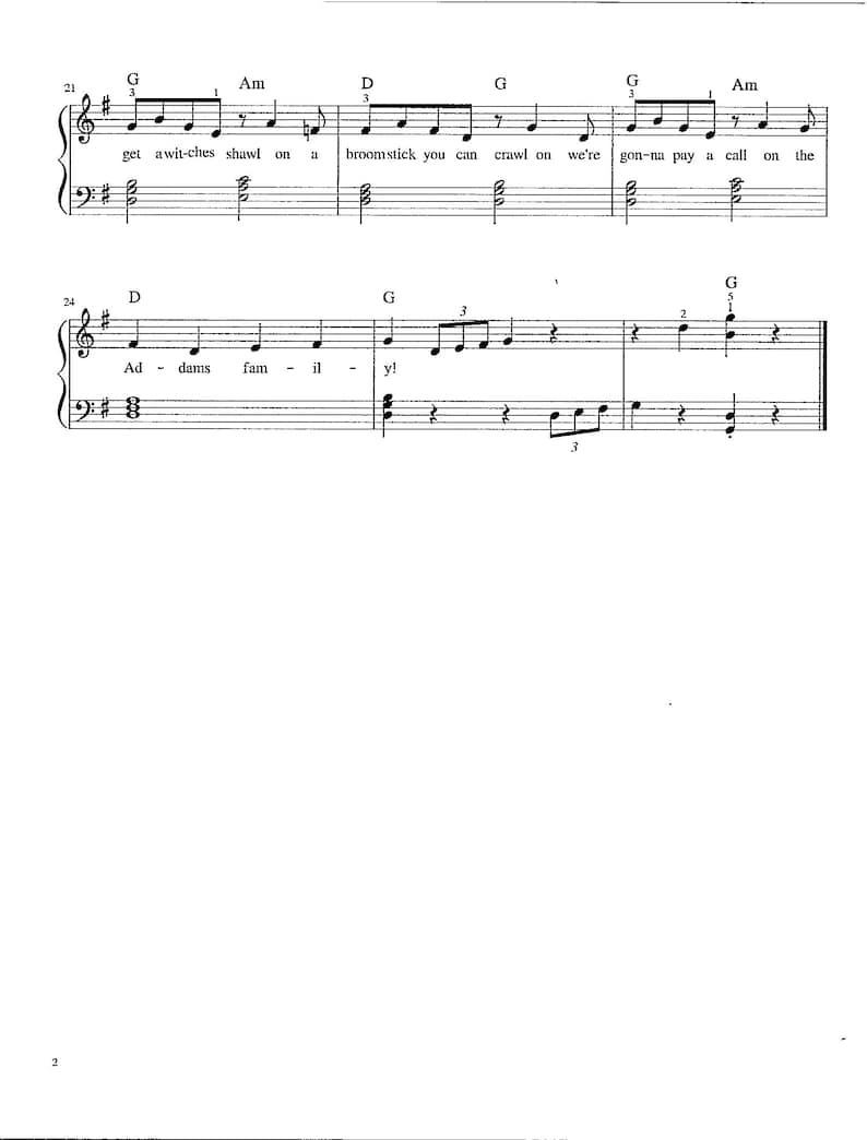 The Addams Family Theme - Digital Piano Sheet Music With Lyrics - Key ...