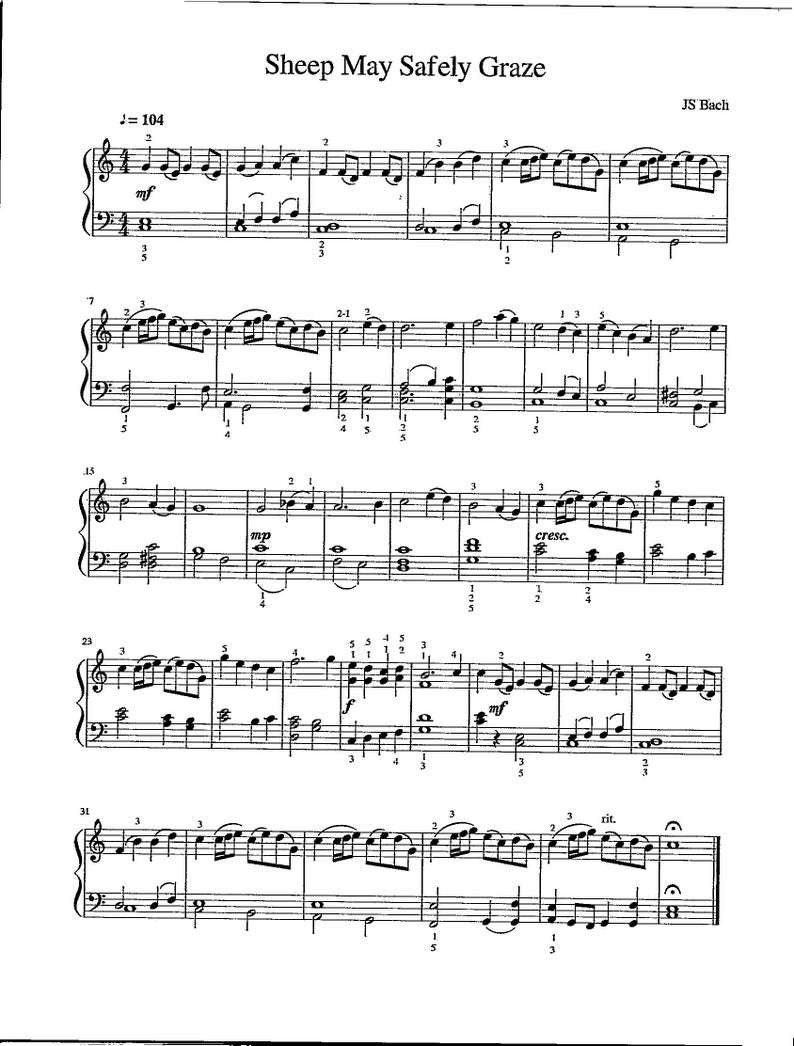 Sheep May Safely Grace - Digital Printable Piano Solo by J. S. Bach ...