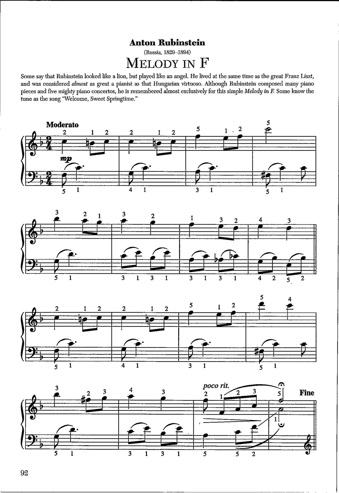 Melody in F by Anton Rubinstein Digital Piano Sheet Music Early ...