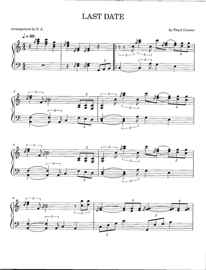 Last Date - Digital Download Easy Piano Solo Floyd Cramer Arrangement - Key of C - Etsy