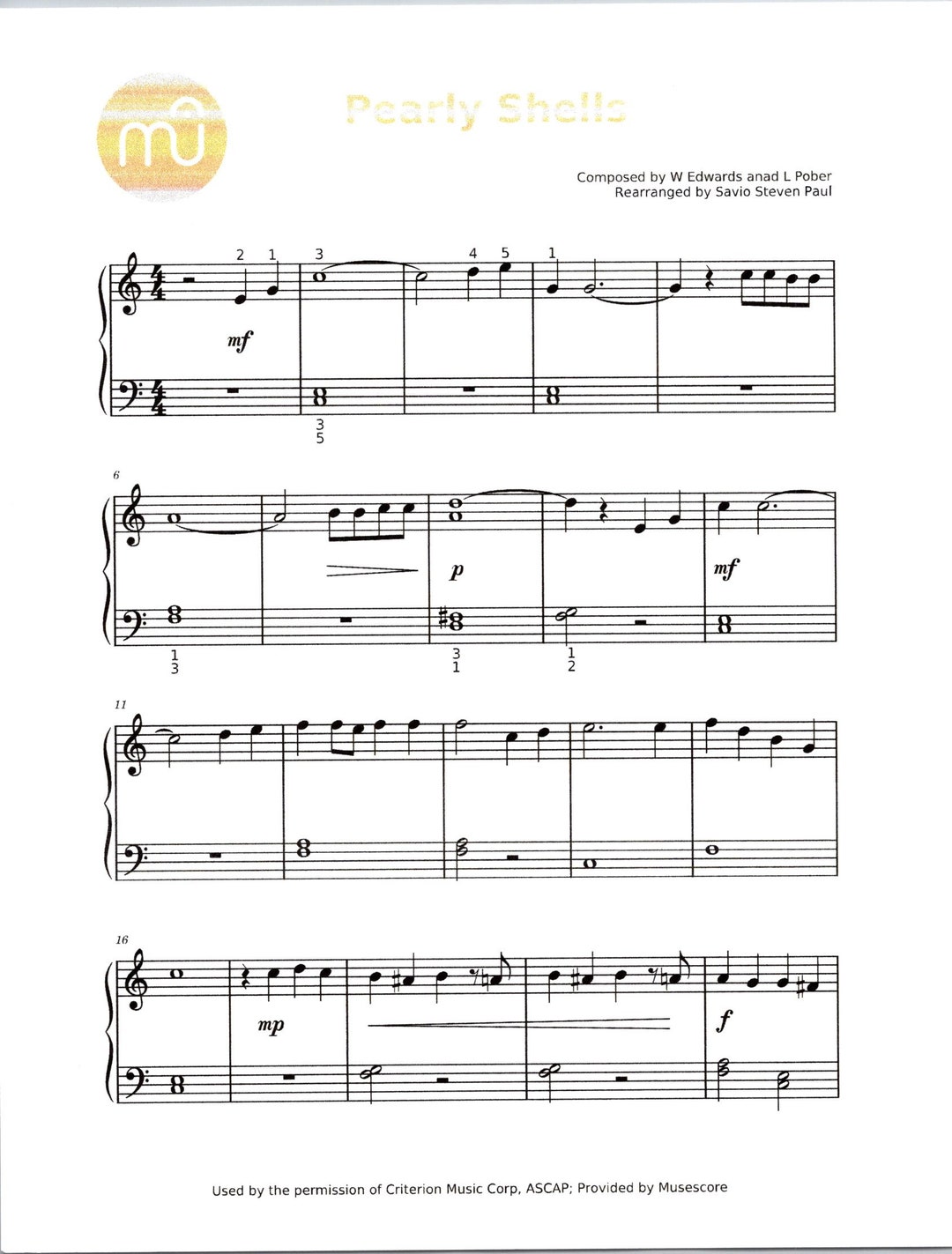 Pearly Shells - Digital Easy Hawaiian Piano Solo - Key of C Beginner ...