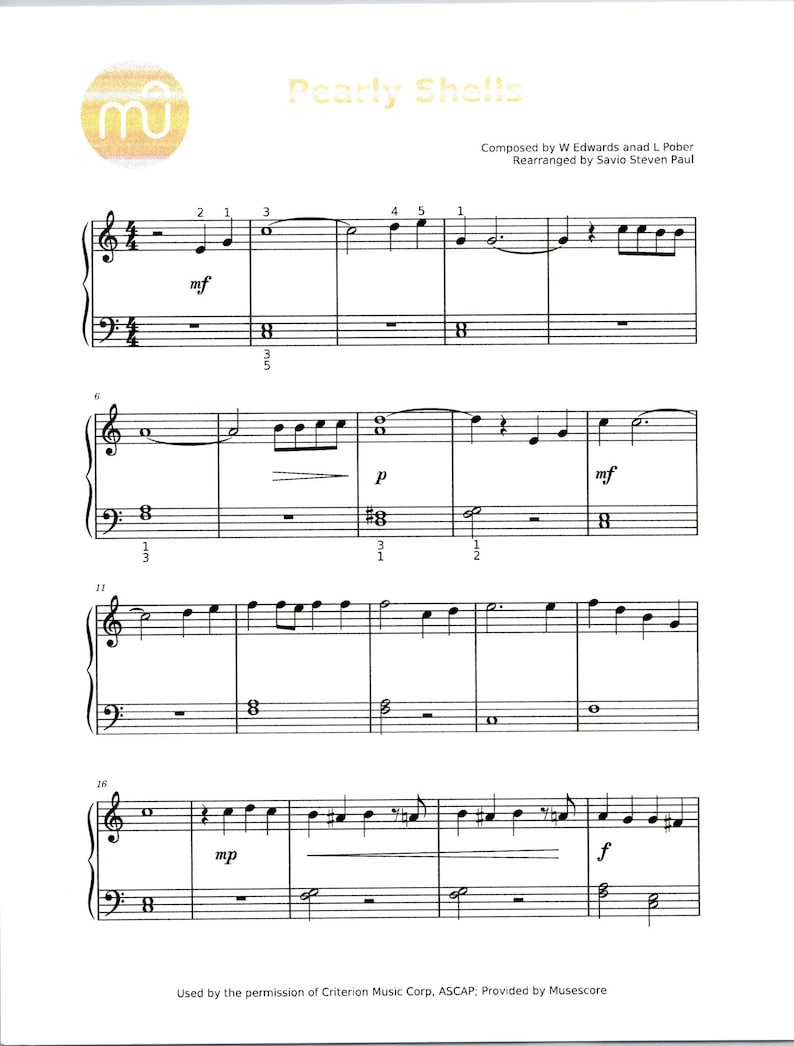 Pearly Shells - Digital Easy Hawaiian Piano Solo - Key of C Beginner ...