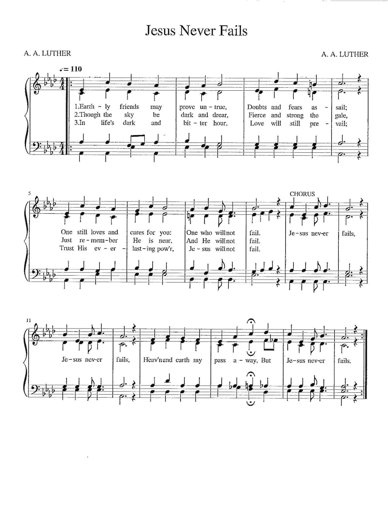 Jesus Never Fails - Printable Hymn Tune With Lyrics - Key of A Flat - Etsy