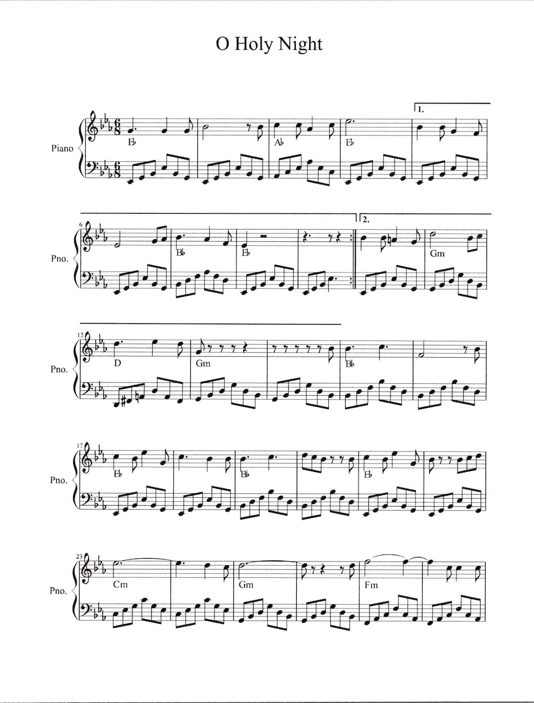 O Holy Night Piano Solo - Digital Christmas Sheet Music - Key of E Flat ...