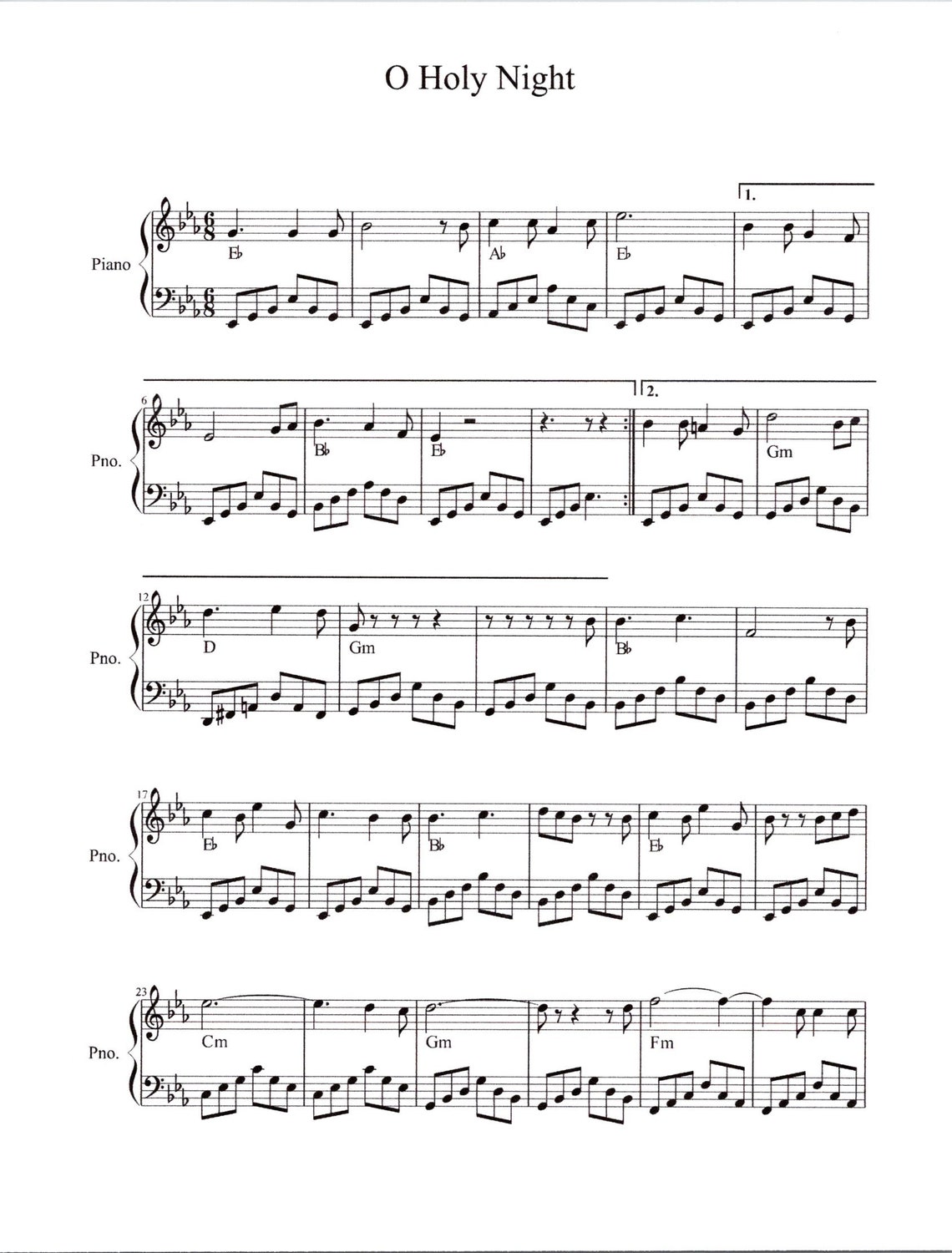 O Holy Night Piano Solo - Digital Christmas Sheet Music - Key of E Flat ...