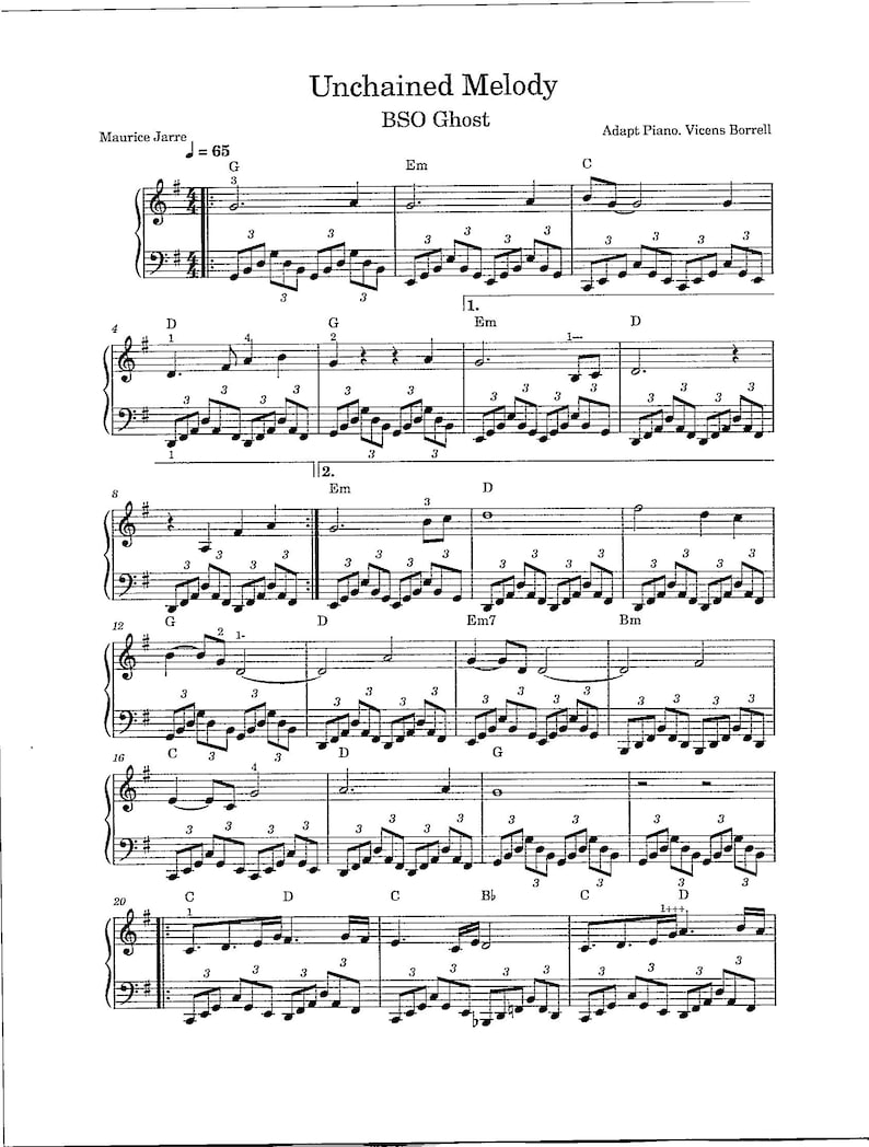 Unchained Melody - Digital Download Piano Solo Sheet Music - Key of G ...