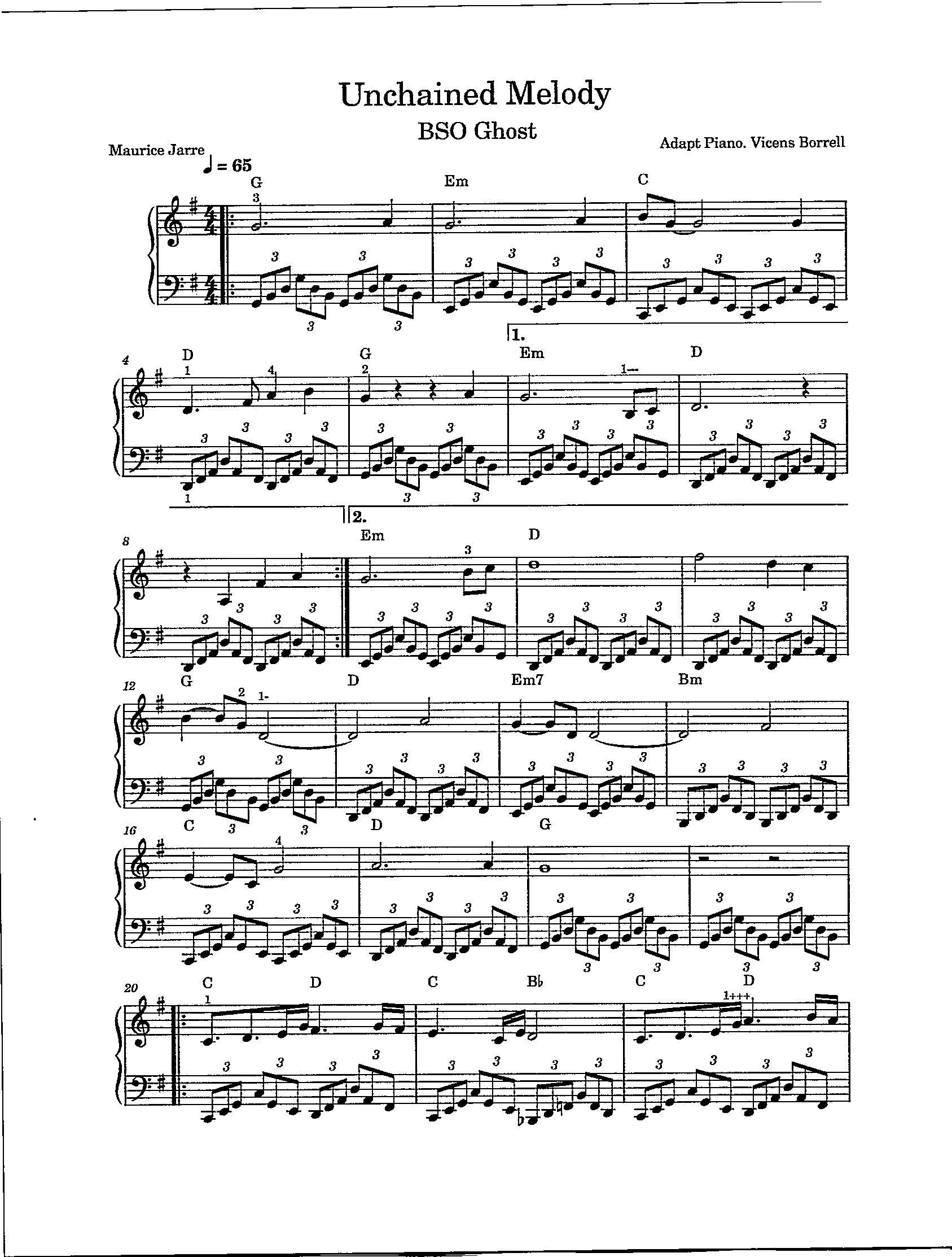 Unchained Melody - Digital Download Piano Solo Sheet Music - Key of G - Etsy
