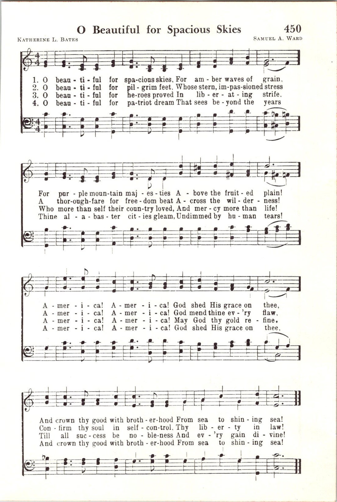 O Beautiful for Spacious Skies - Digital Hymn Sheet Music - Key of C - Etsy