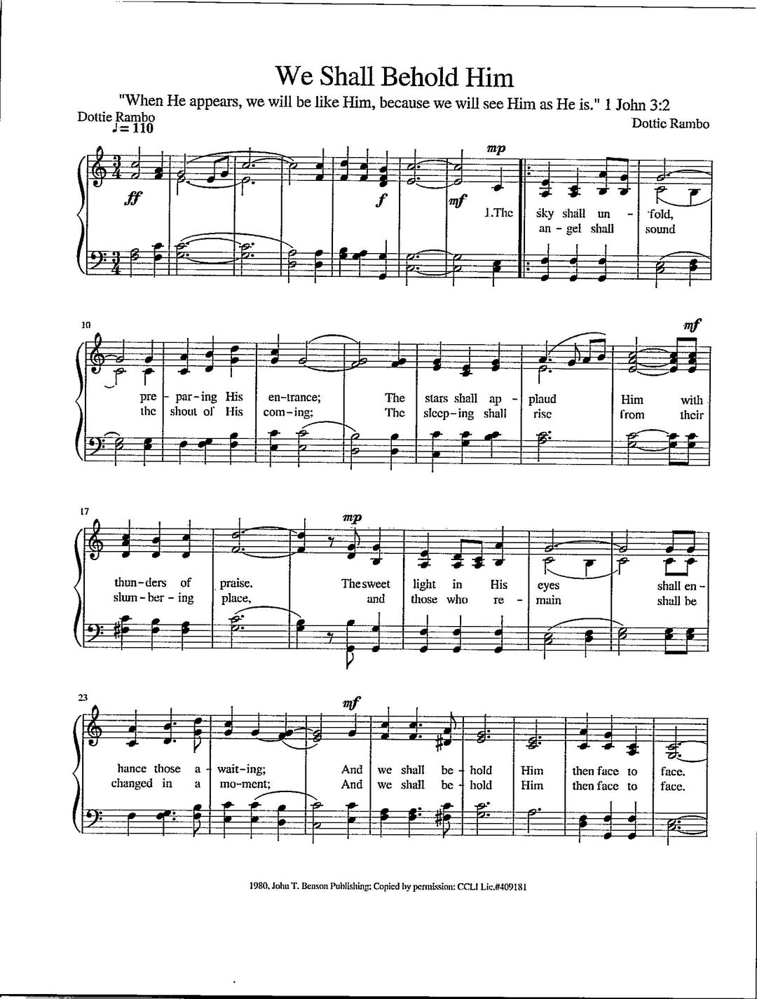 We Shall Behold Him - Digital Hymn Tune by Dottie Rambo for Piano Organ ...