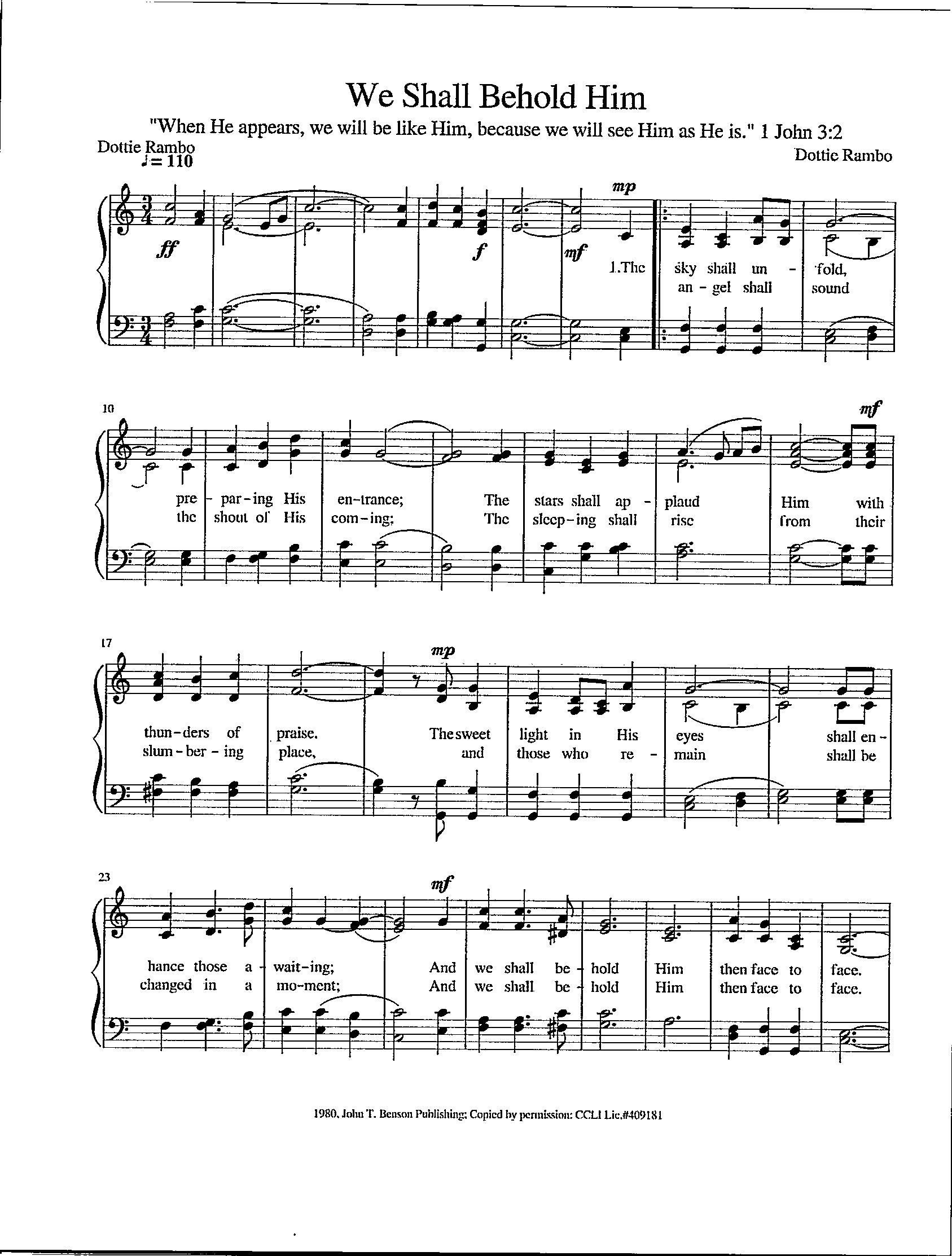 We Shall Behold Him - Digital Hymn Tune by Dottie Rambo for Piano Organ ...