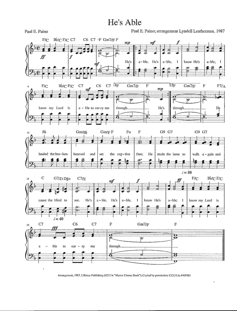 He's Able - Digital Hymn Tune With Lyrics - Key of F - Etsy