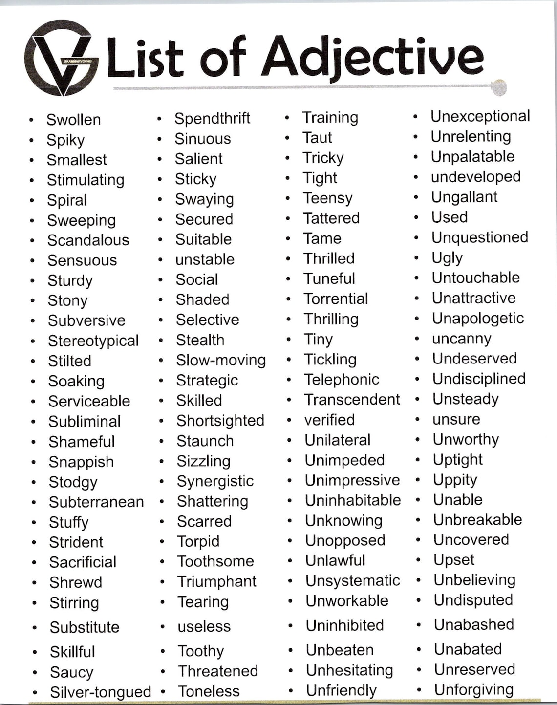 List of Adjectives for Students and Teachers Intermediate Thru Advanced ...