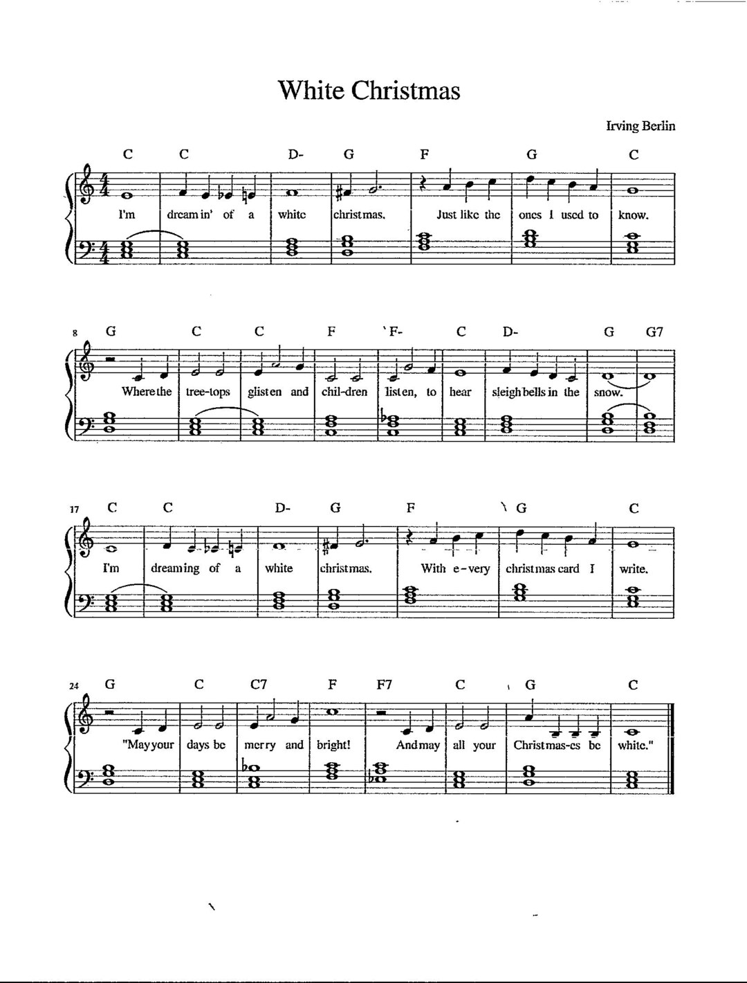White Christmas - Easy Digital Piano & Lyrics Sheet Music - Key of C - Etsy
