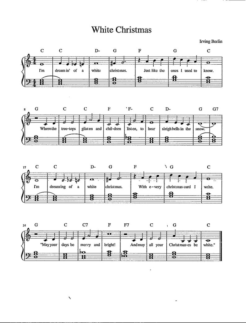 White Christmas - Easy Digital Piano & Lyrics Sheet Music - Key of C - Etsy