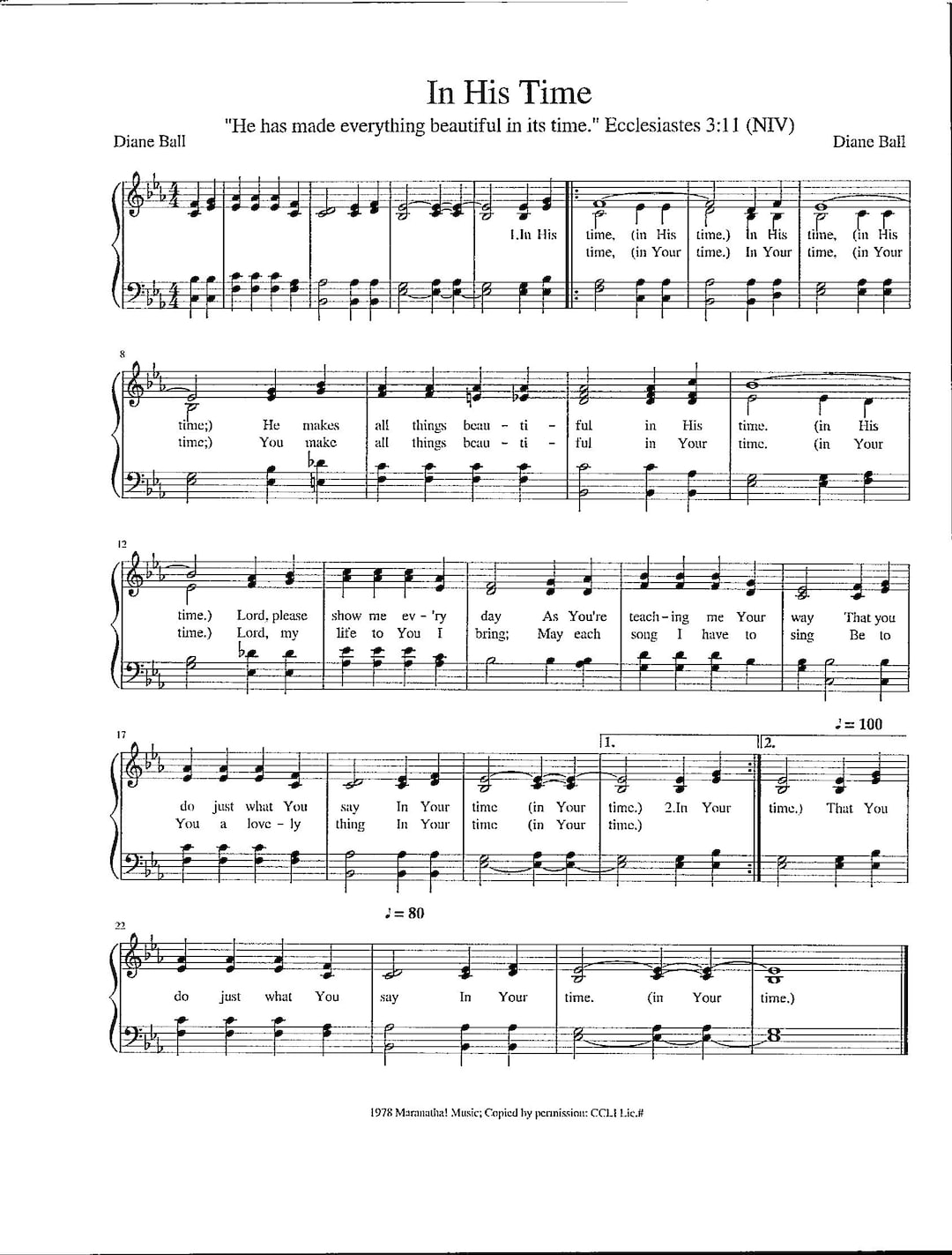 In His Time - Digital Choral Hymn Tune With Lyrics - Key of E Flat - Etsy