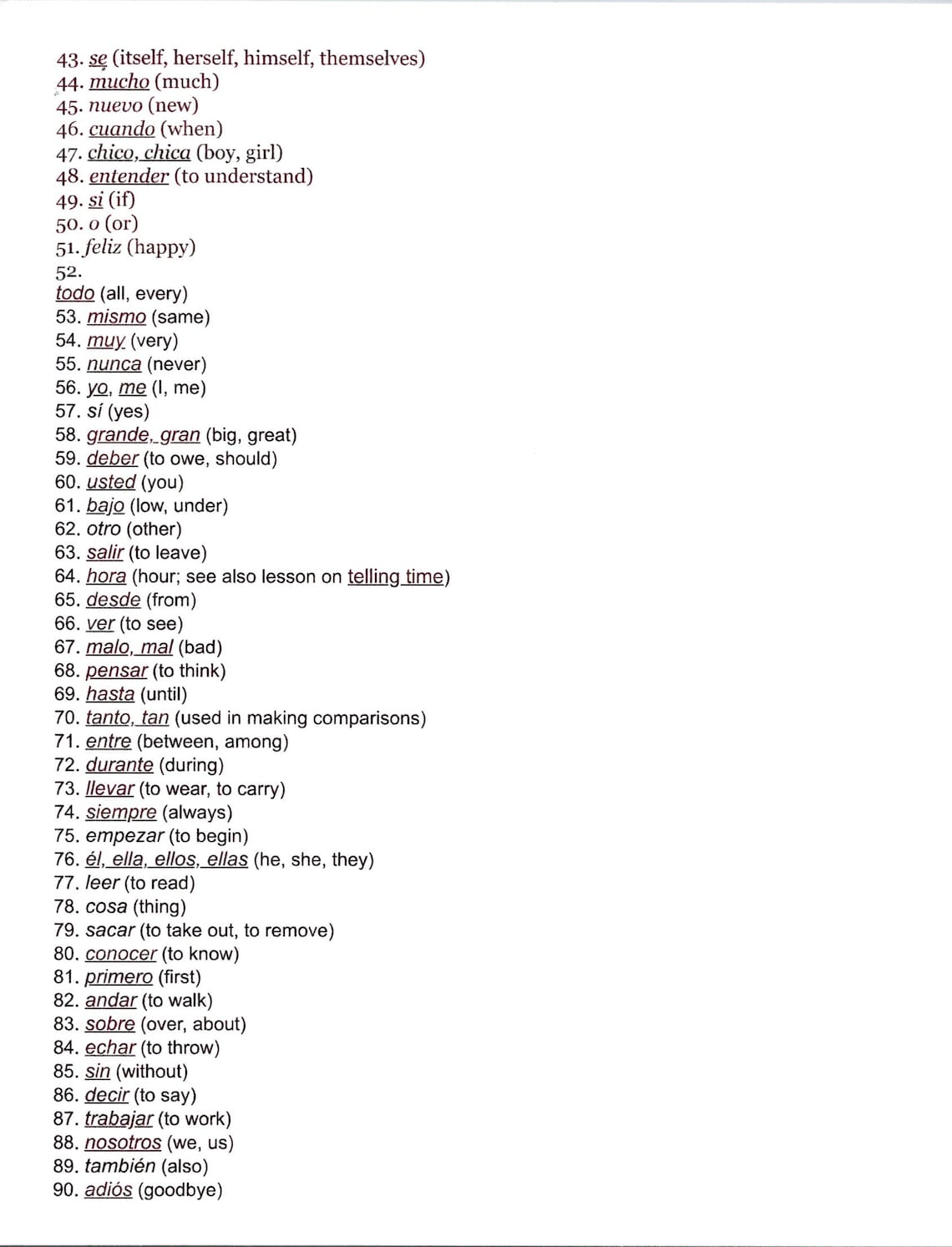 Top 100 Spanish Words Quick Guide Reference or Study Vocabulary - Etsy