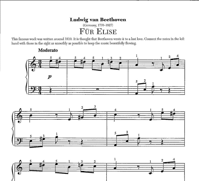 Fur Elise Digital Sheet Music by Ludwig Van Beethoven (1770-1827) Late ...