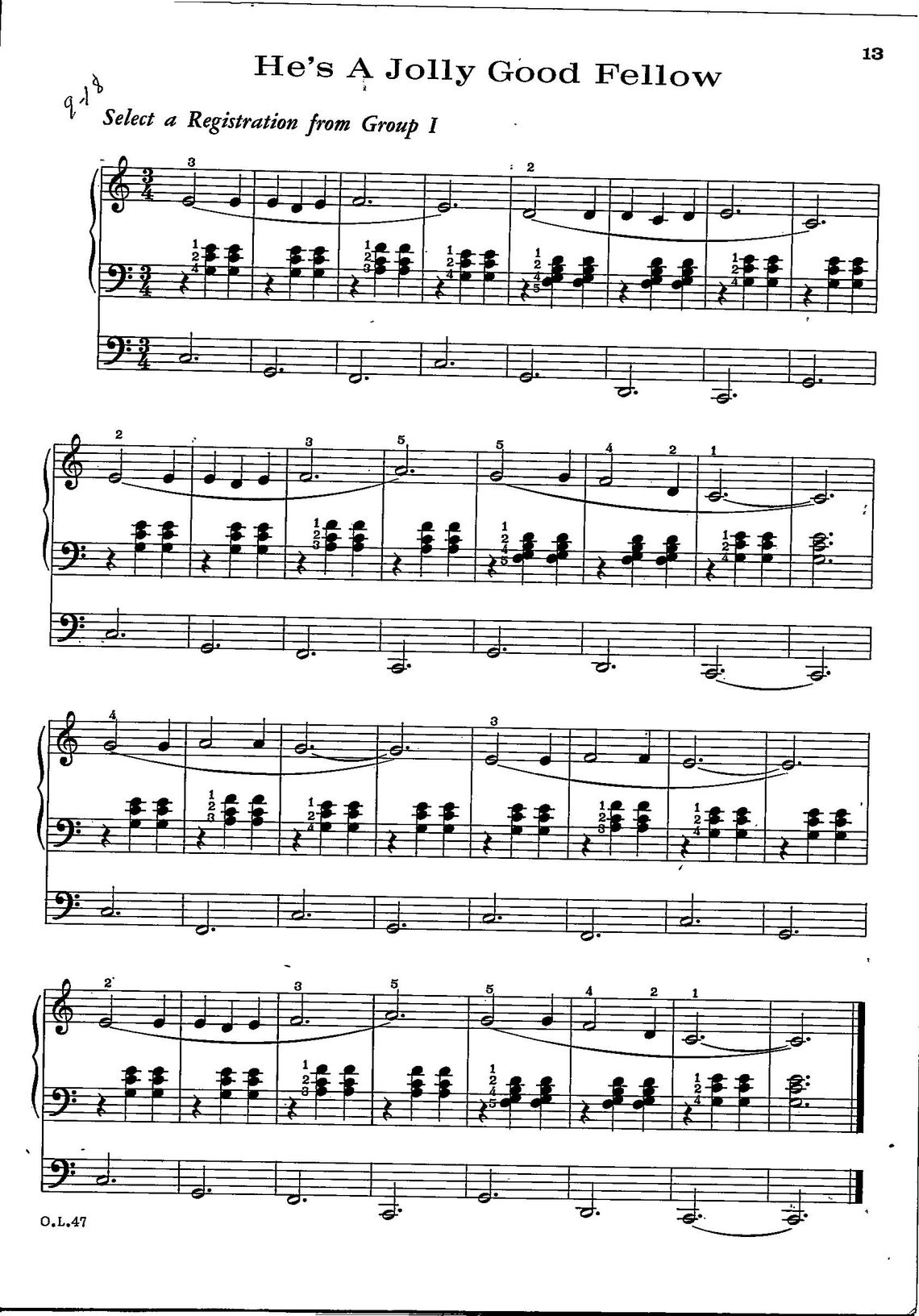 He's A Jolly Good Fellow Digital Sheet Music for Piano or Organ Key of ...