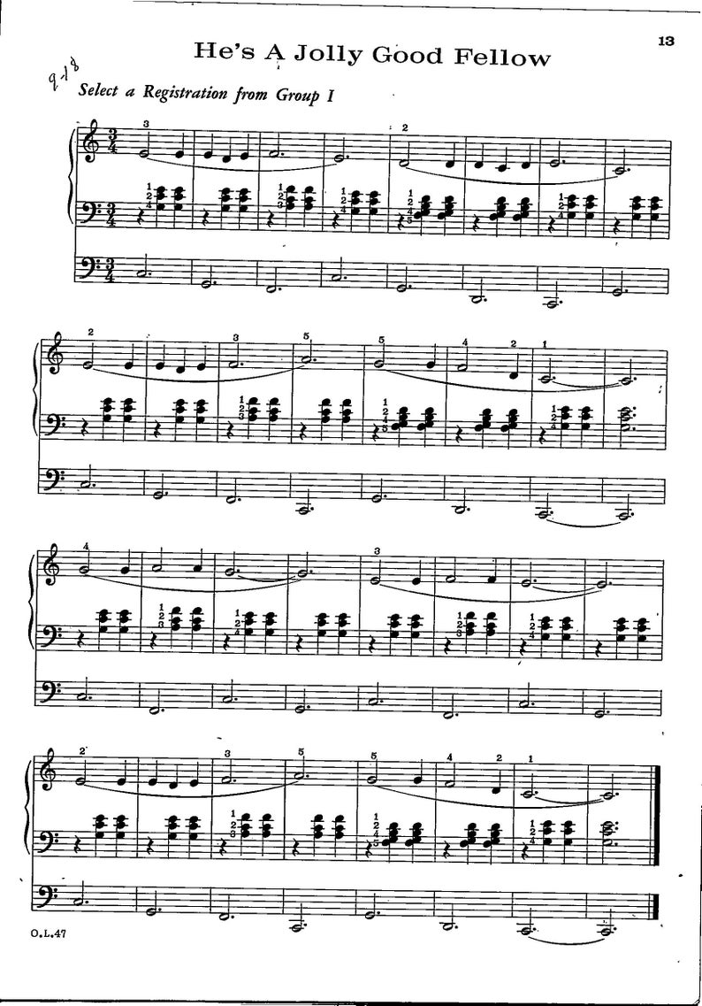 He's A Jolly Good Fellow Digital Sheet Music for Piano or Organ Key of ...