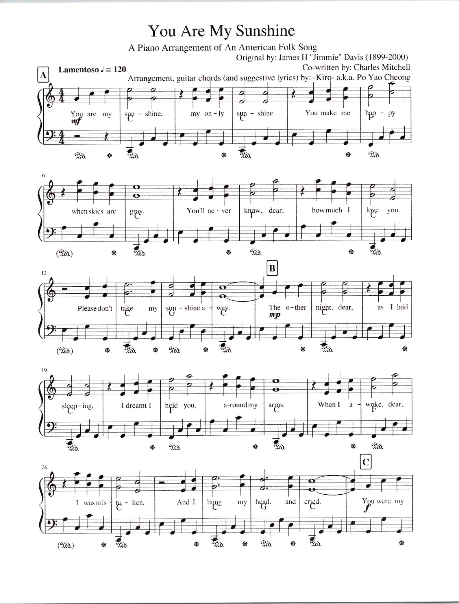 You Are My Sunshine - Digital Sheet Music - Key of C - Etsy