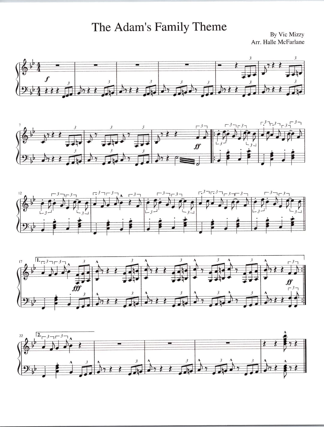 The Adam's Family Theme Piano Solo - Digital Halloween Sheet Music Key ...