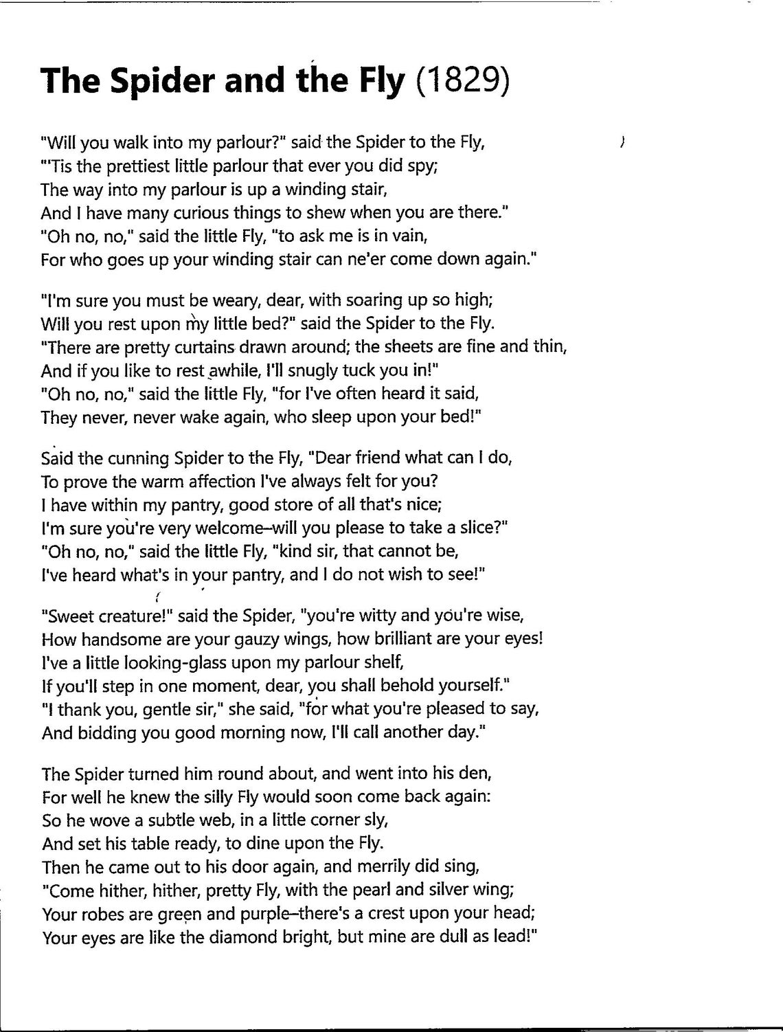 The Spider and the Fly - Digital Poem by Mary Howitt (1829) - Etsy