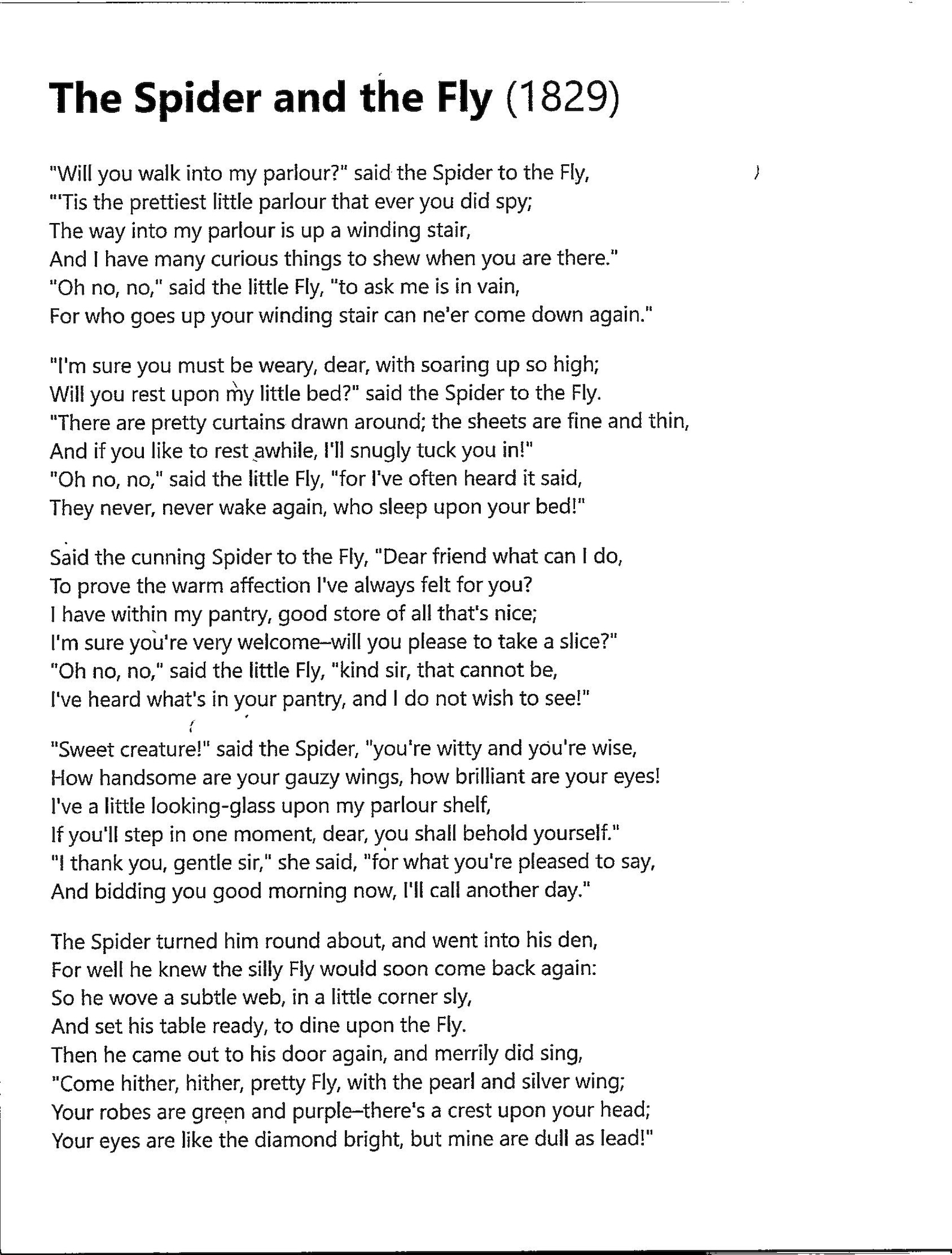 The Spider and the Fly - Digital Poem by Mary Howitt (1829) - Etsy