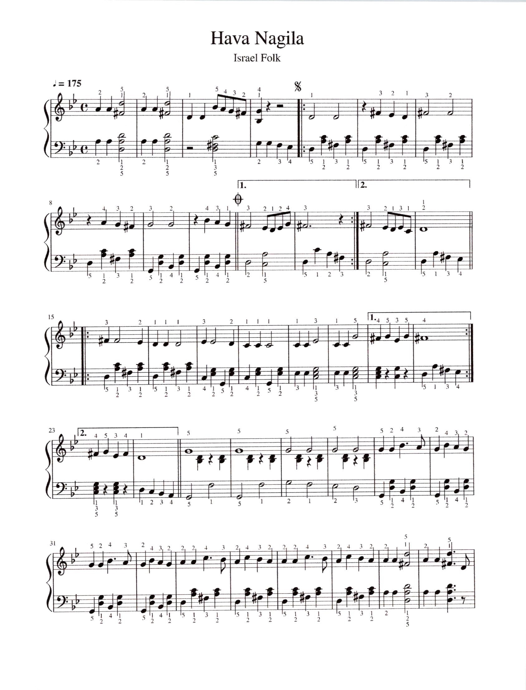 Hava Nagila Israel Folk Tune Sheet Music - Digital Piano Solo - Key of ...