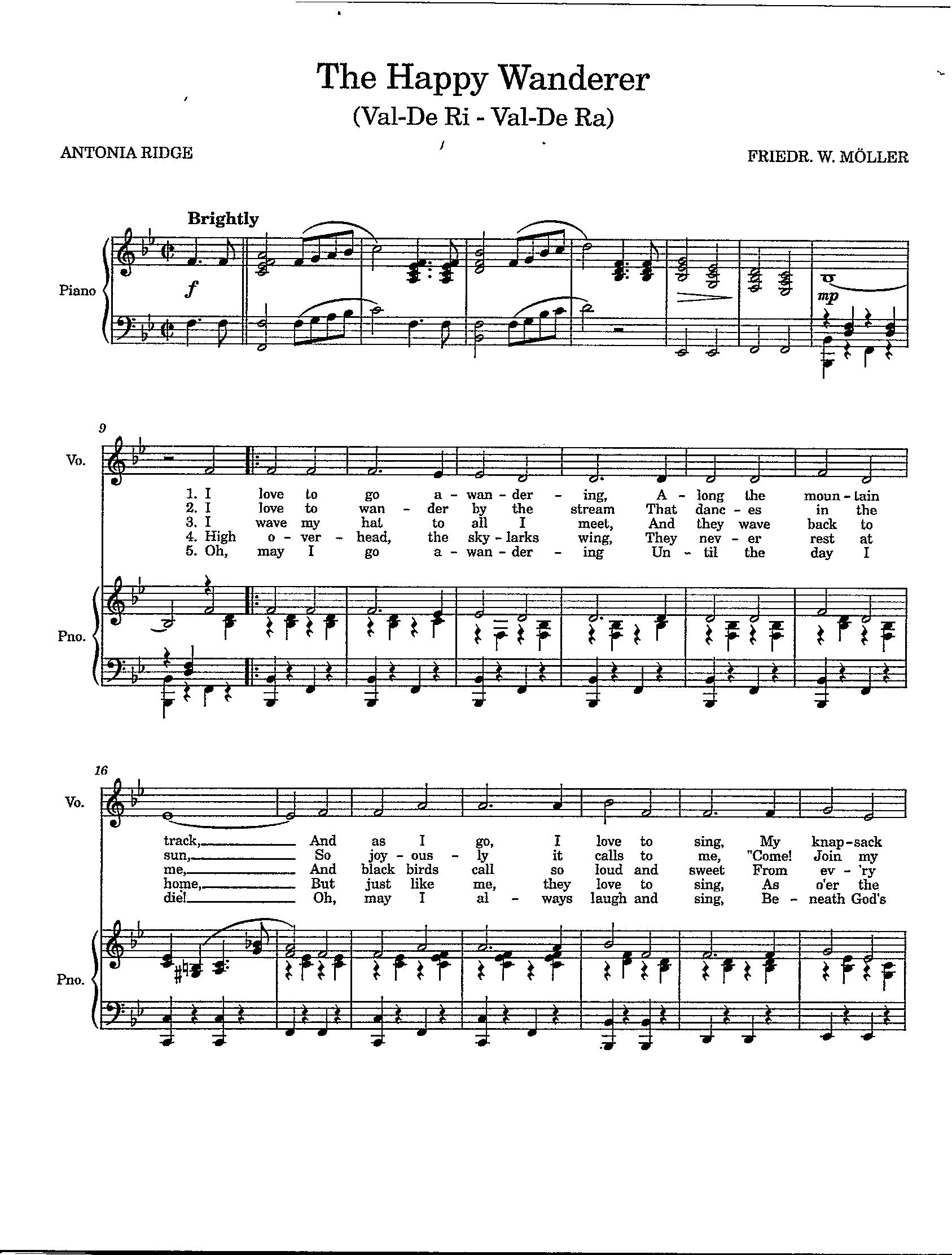 The Happy Wanderer - Digital Sheet Music for Piano With Lyrics - Key of ...