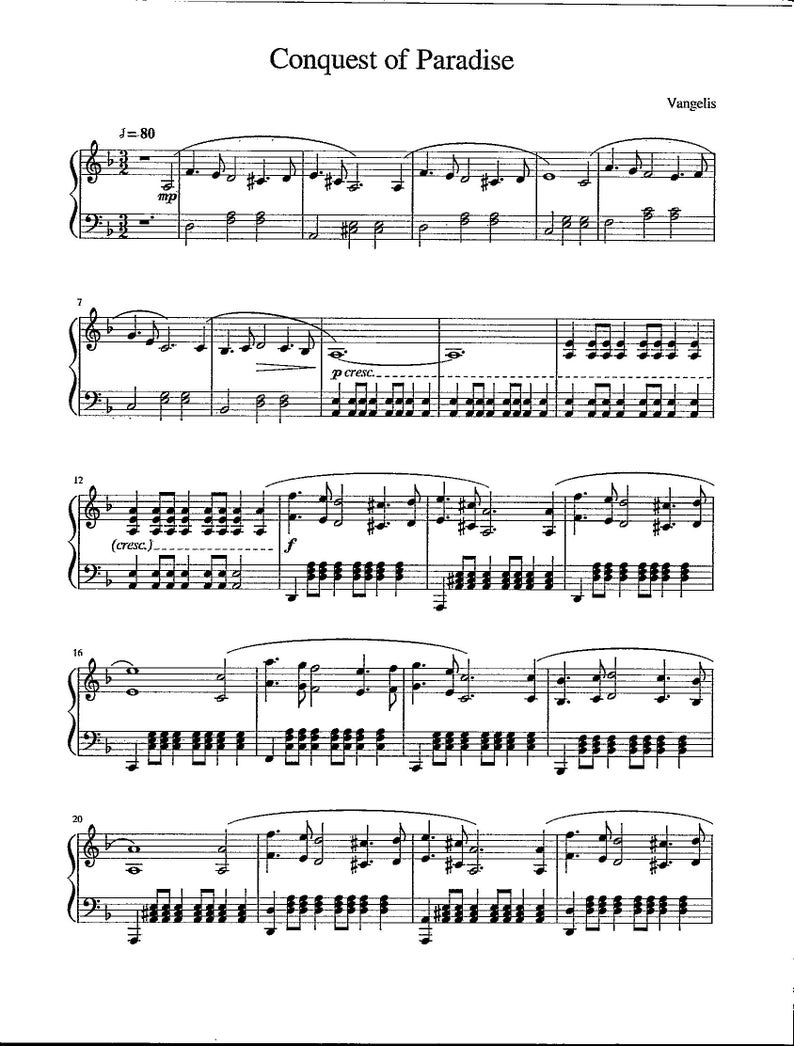 Conquest of Paradise - Digital Printable Piano Solo - Vangelis - Etsy