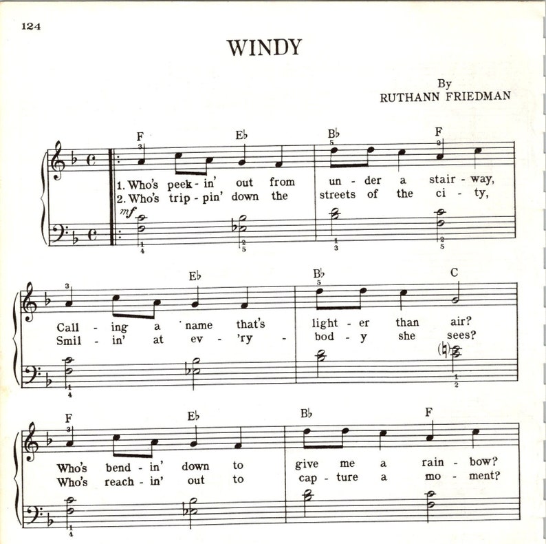 Windy - Sheet Music DIGITAL Late Beginner Level Key of F for Piano ...